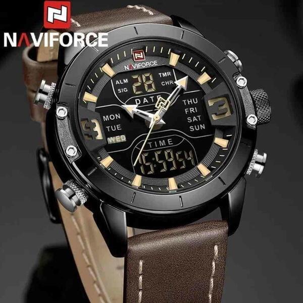NaviForce NF9153 Double Time MultiFunction Watch with Leather Strap ...