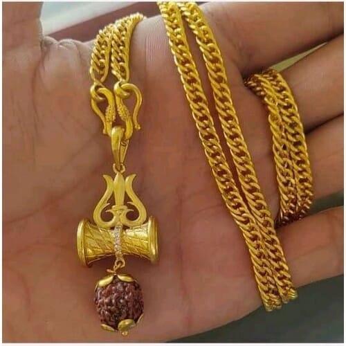 Pure Gold Plated Chain With Golden Mahadev Damaru Locket With Rudraksha ...